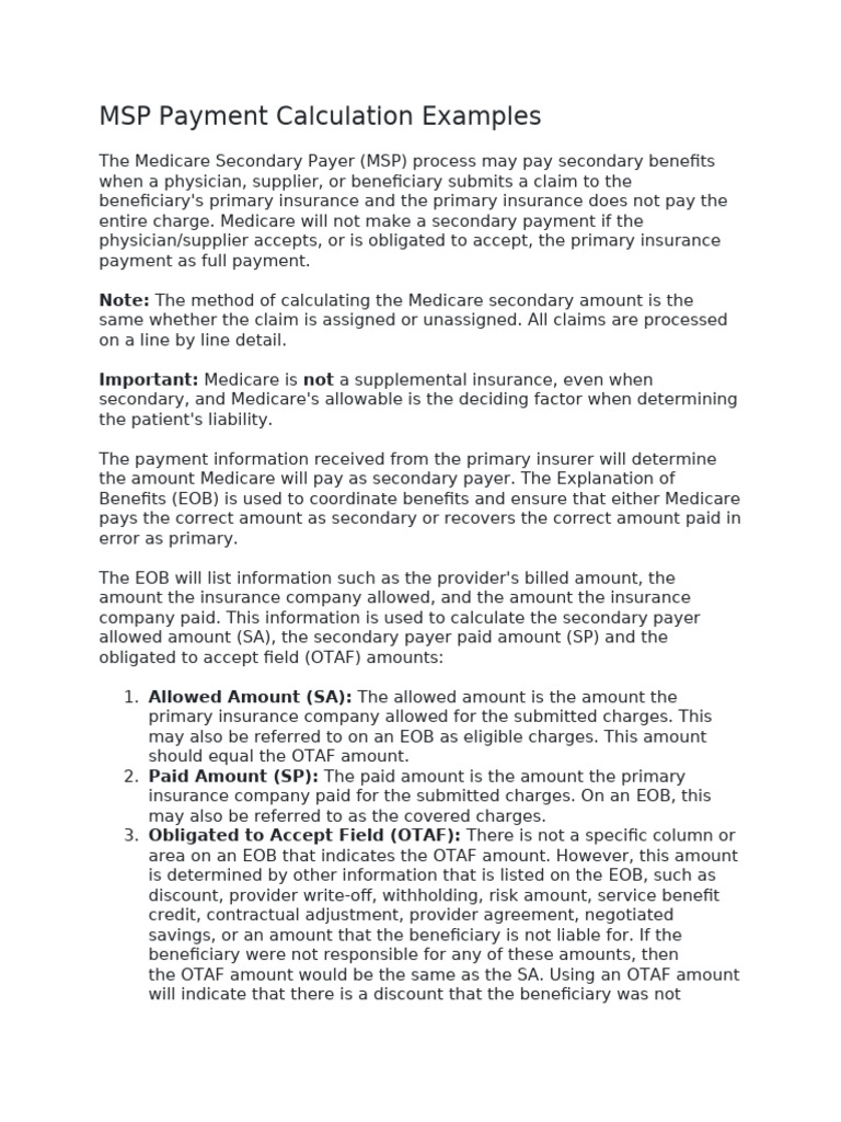 MSP Payment Calculation Examples | PDF | Medicare (United States ...