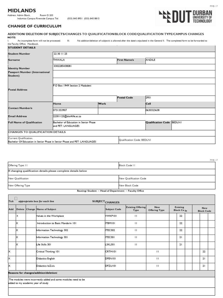 COC Form Andile Thwala | PDF