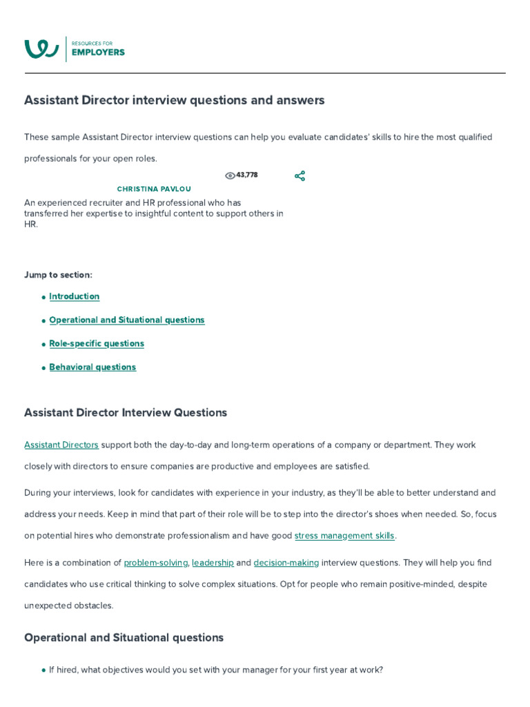11+ Proven Assistant Director Interview Questions (+answers) | PDF