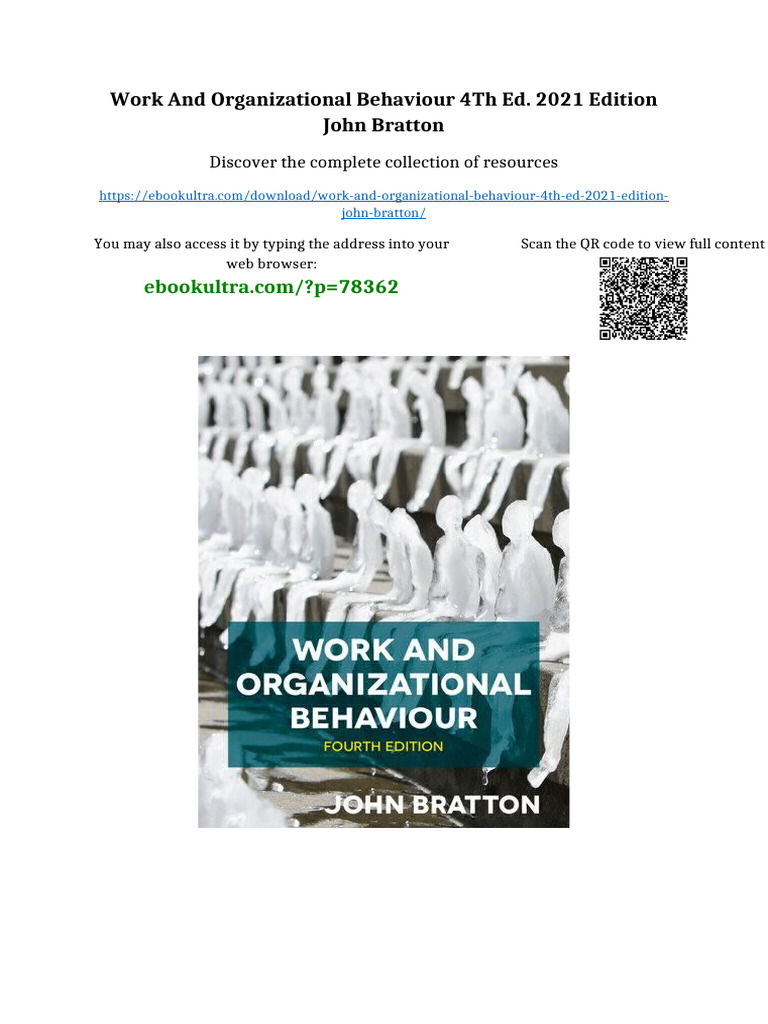 Work and Organizational Behaviour 4Th Ed. 2021 Edition John Bratton ...