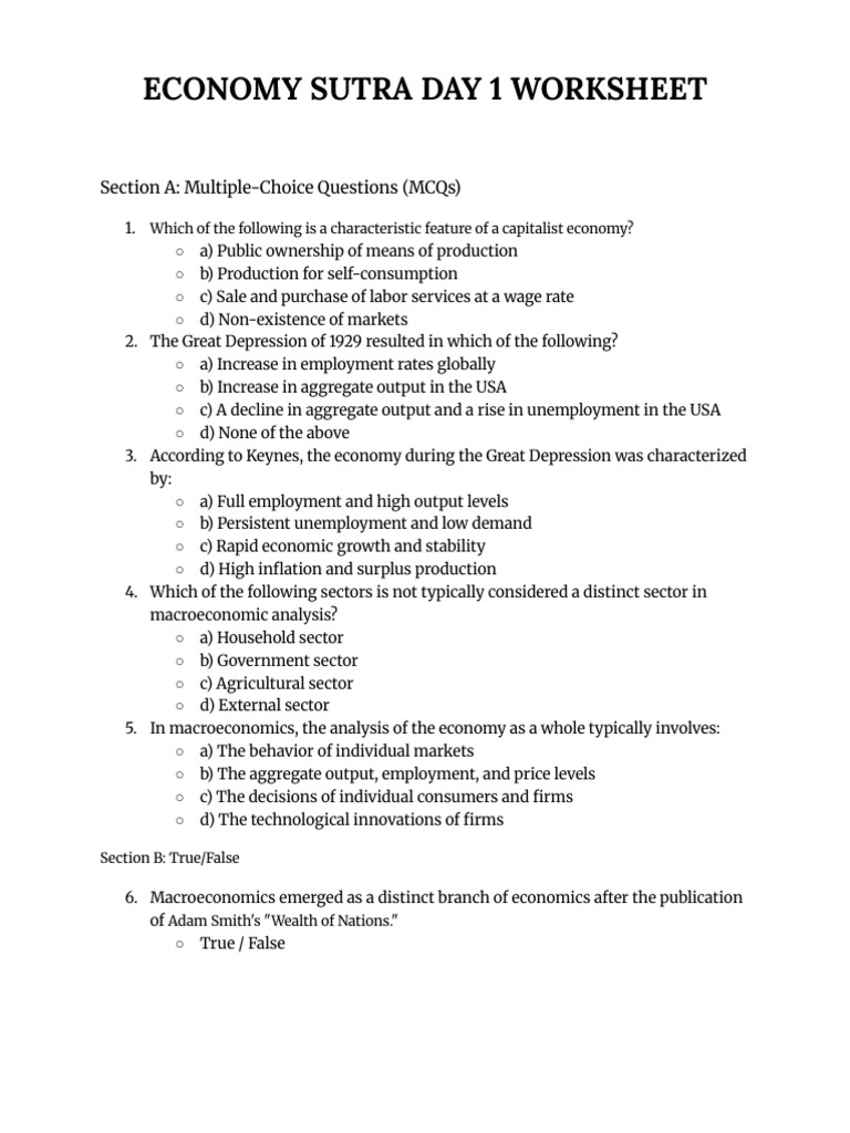 Economy Sutra Day 1 Worksheet | PDF | Macroeconomics | Unemployment