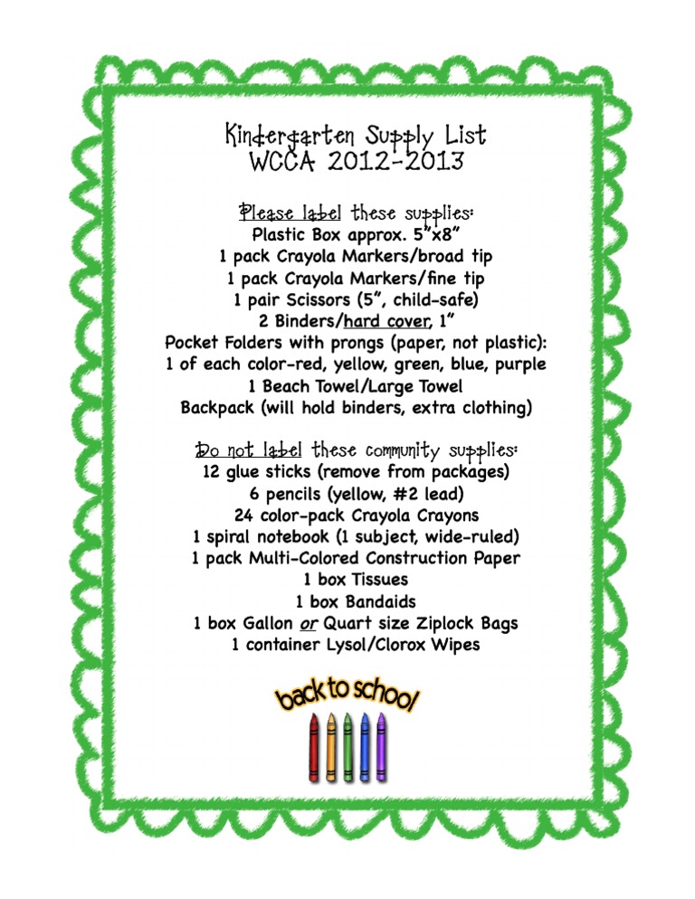 Kindergarten Supply List WCCA 2012-2013 | PDF