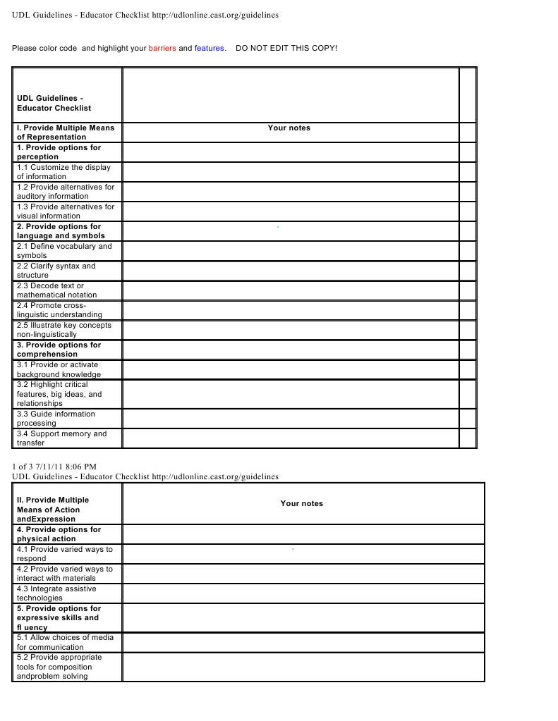 UDL Guidelines - Educator Checklist | PDF