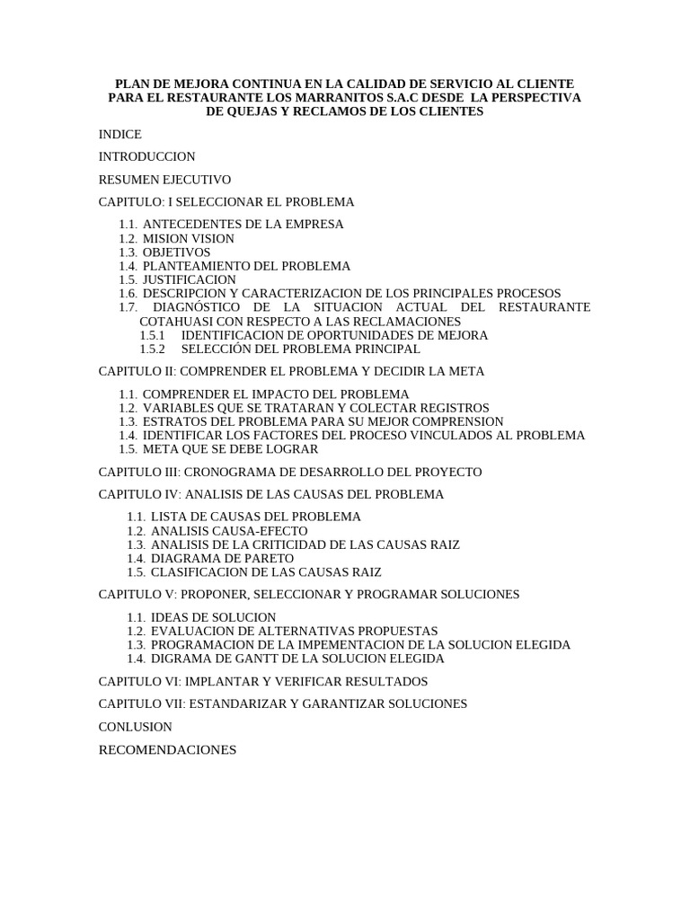 Esquema Plan de Mejora Los Marranitos | PDF | Servicio al Cliente ...