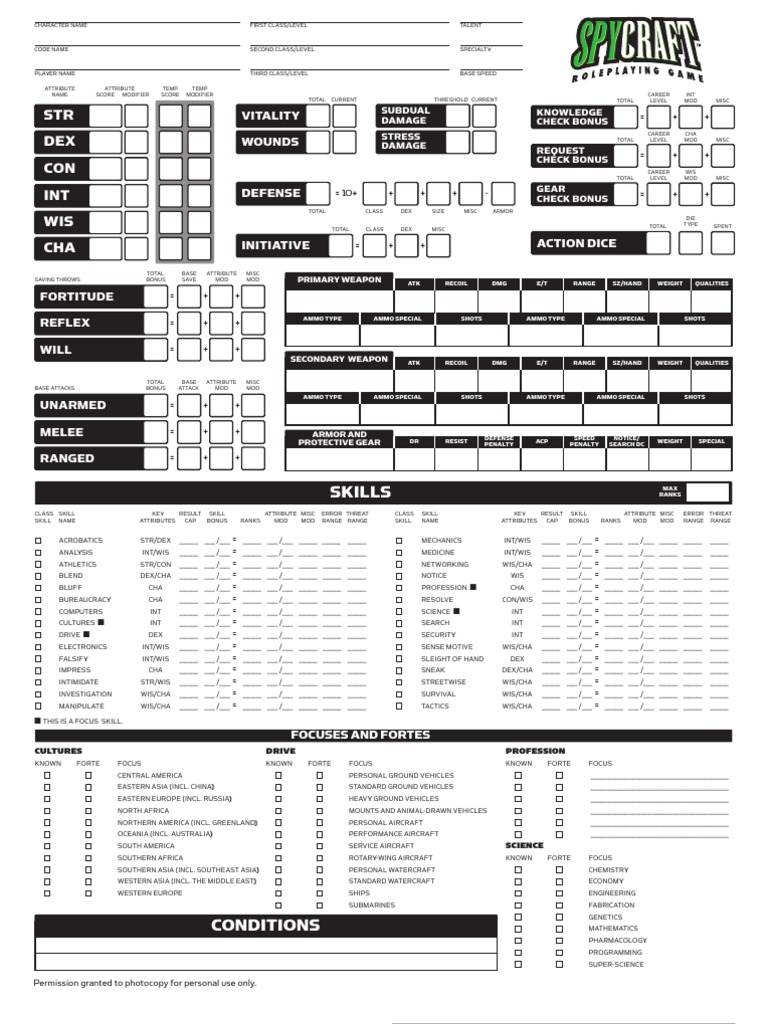 Spycraft 2 Basic Character Sheet | PDF | Military Technology ...
