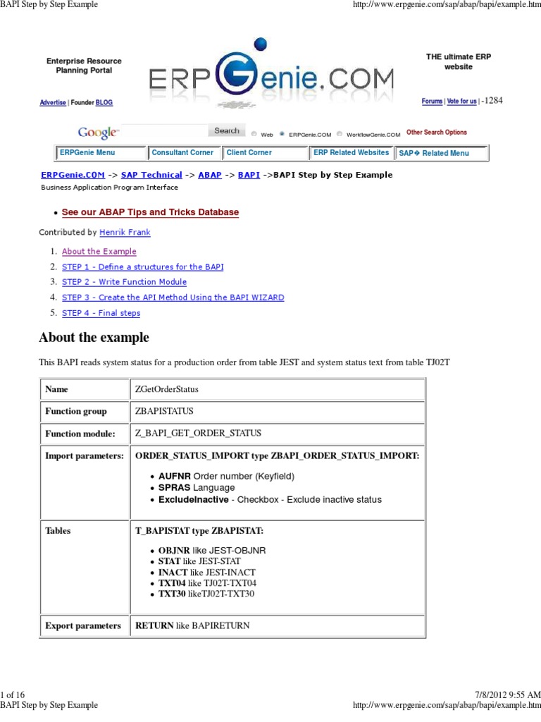 BAPI Step by Step Example | PDF | Subroutine | Parameter (Computer Programming)