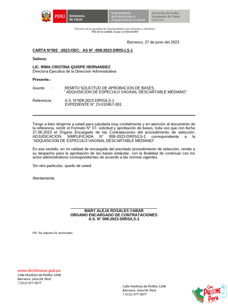Carta a Da de Aprobacion de Bases | PDF