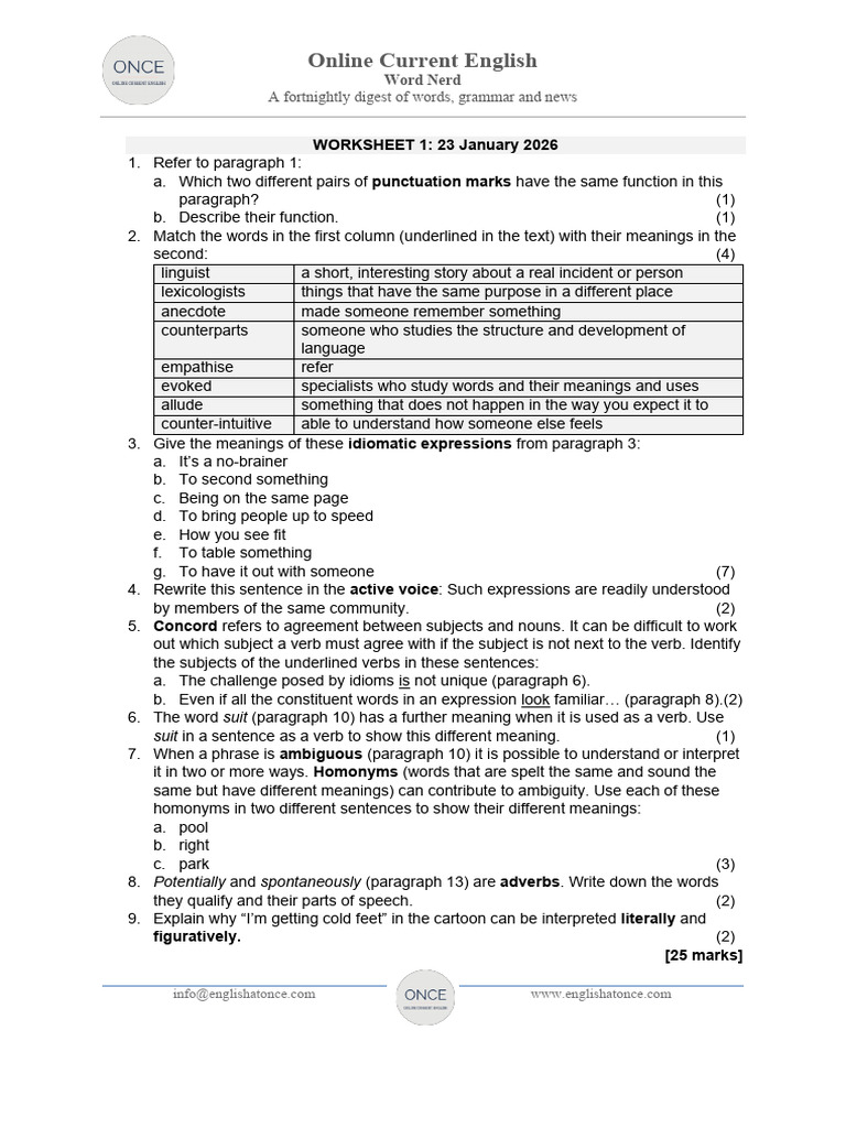 Once Word Nerd Worksheet 1 January 23 2026 | PDF | Subject (Grammar) | Verb