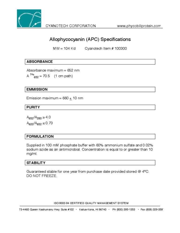 Allophycocyanin Specifications Overview | PDF
