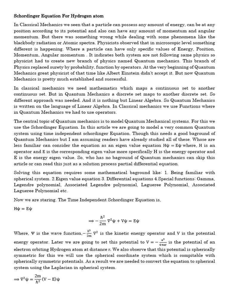 Schordinger Equation For Hydrogen Atom-1 | PDF | Quantum Mechanics ...