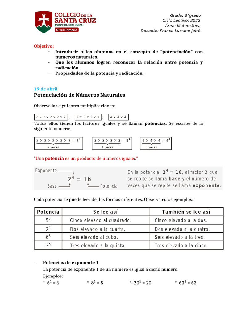 19-28 Abril 6to Grado MATEMATICA | PDF | Exponenciación | Análisis complejo