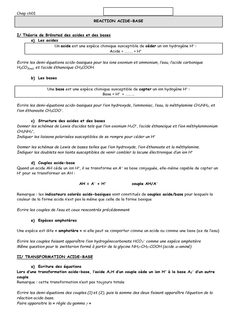 Chap 01 Cours Réactions Acide-Base | PDF | Acide | Substances chimiques