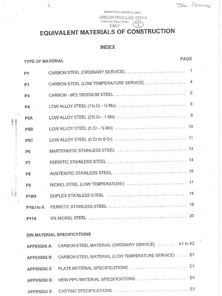 Equivalent Materials of Construction | PDF