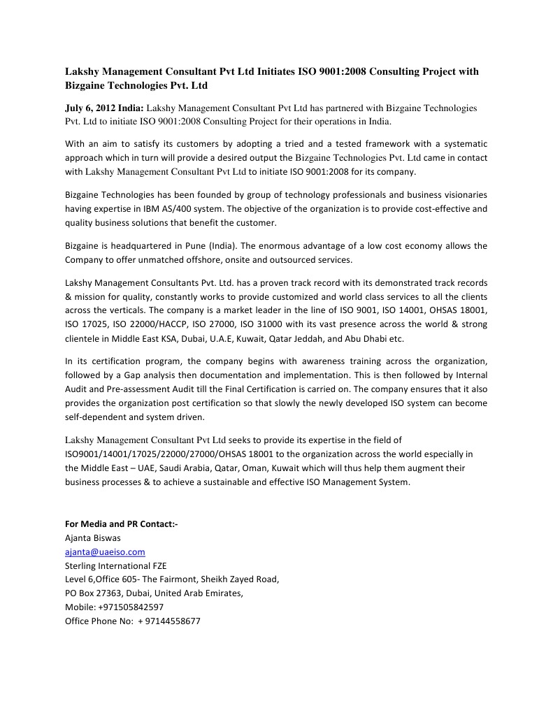 Lakshy Management Consultant PVT LTD Initiates ISO 9001:2008 Consulting ...