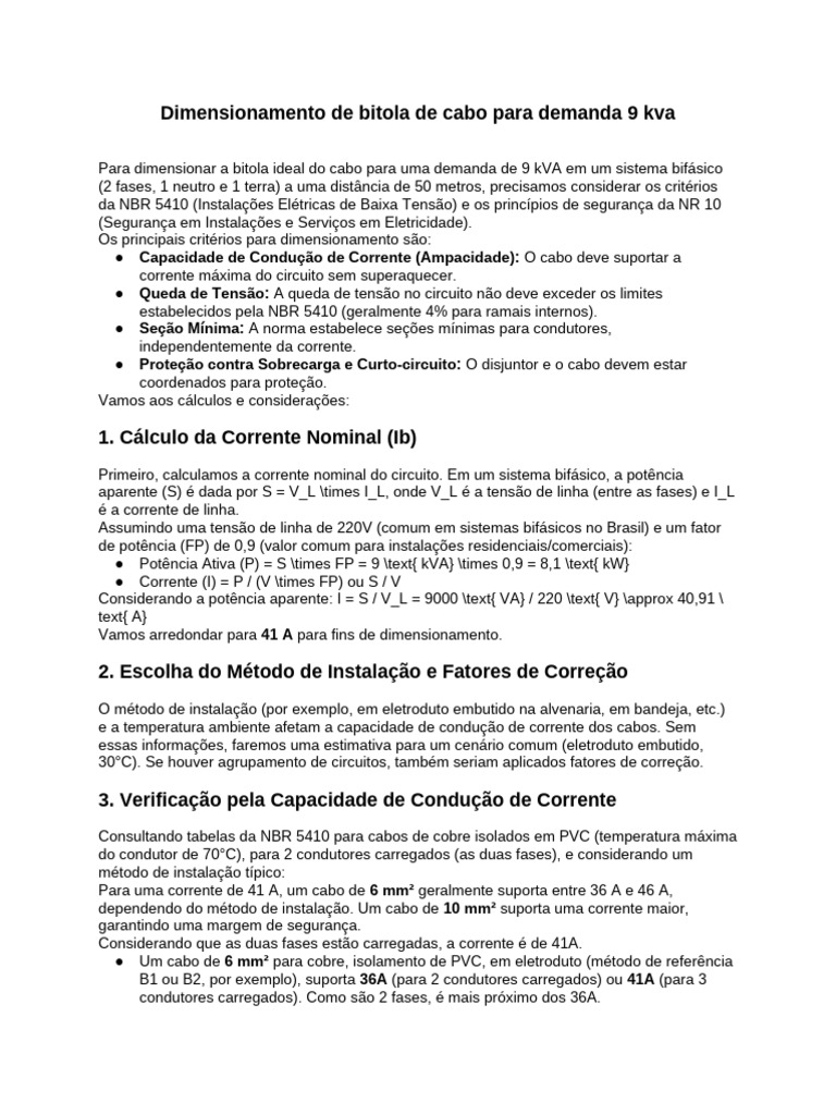 Dimensionamento de Bitola de Cabo para Demanda 9 Kva | PDF ...