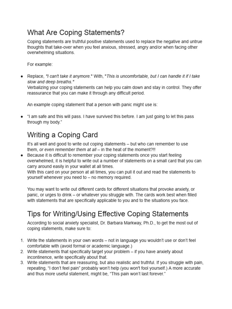 Coping Statements Examples | PDF | Anxiety | Cognition