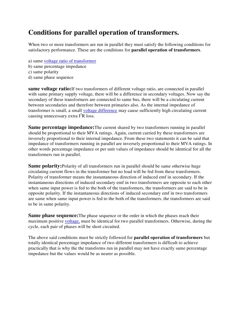 Conditions For Parallel Operation of Transformers | PDF | Transformer | Electrical Impedance
