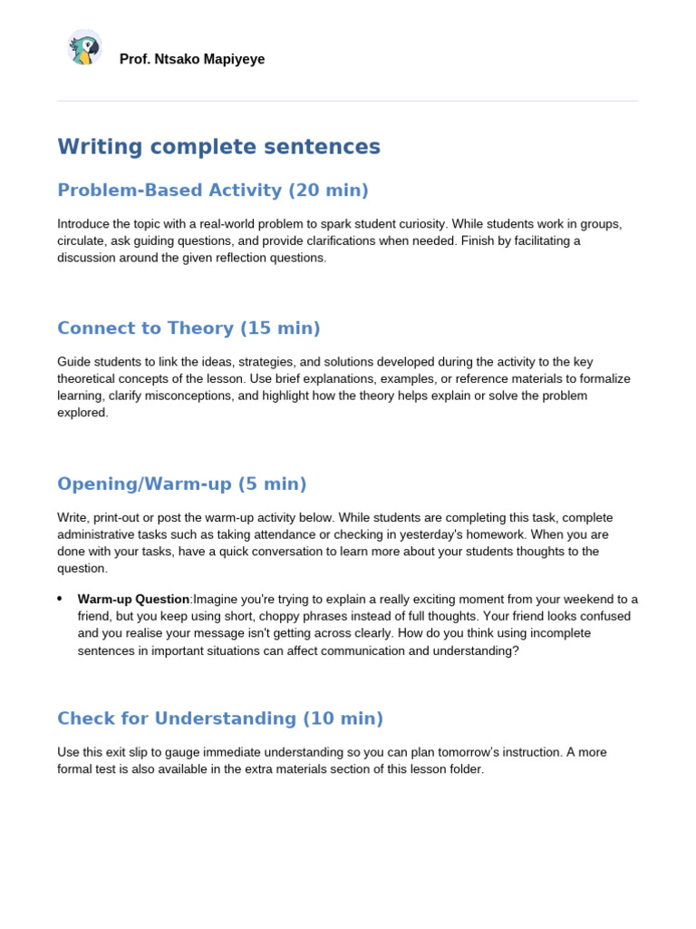 Writing Complete Sentences | PDF