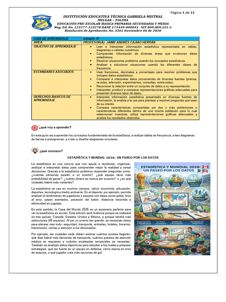 Guía de Aprendizaje Estadística Sexto Primer Período | PDF ...