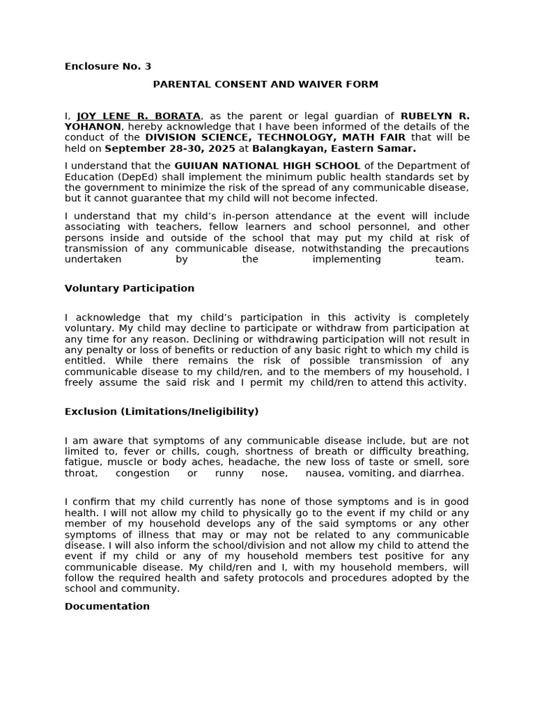 Enclosure No. 3 Parental Consent and Waiver Form Rubelyn | PDF ...