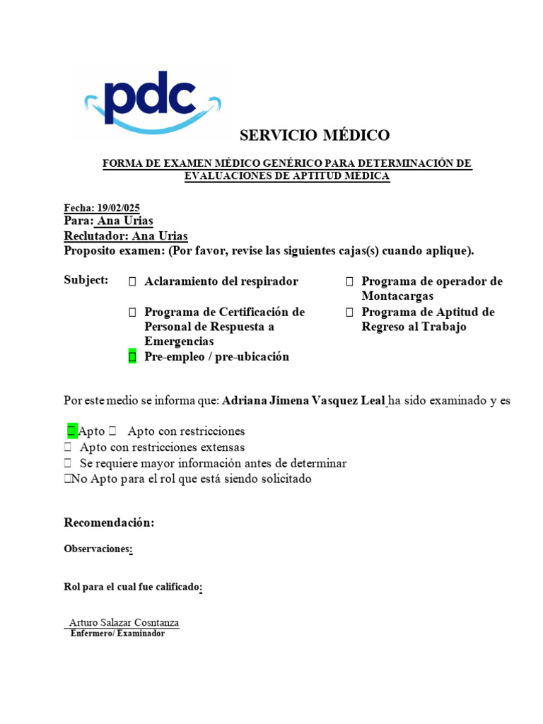 Pre-empleo Adriana Vasquez | PDF