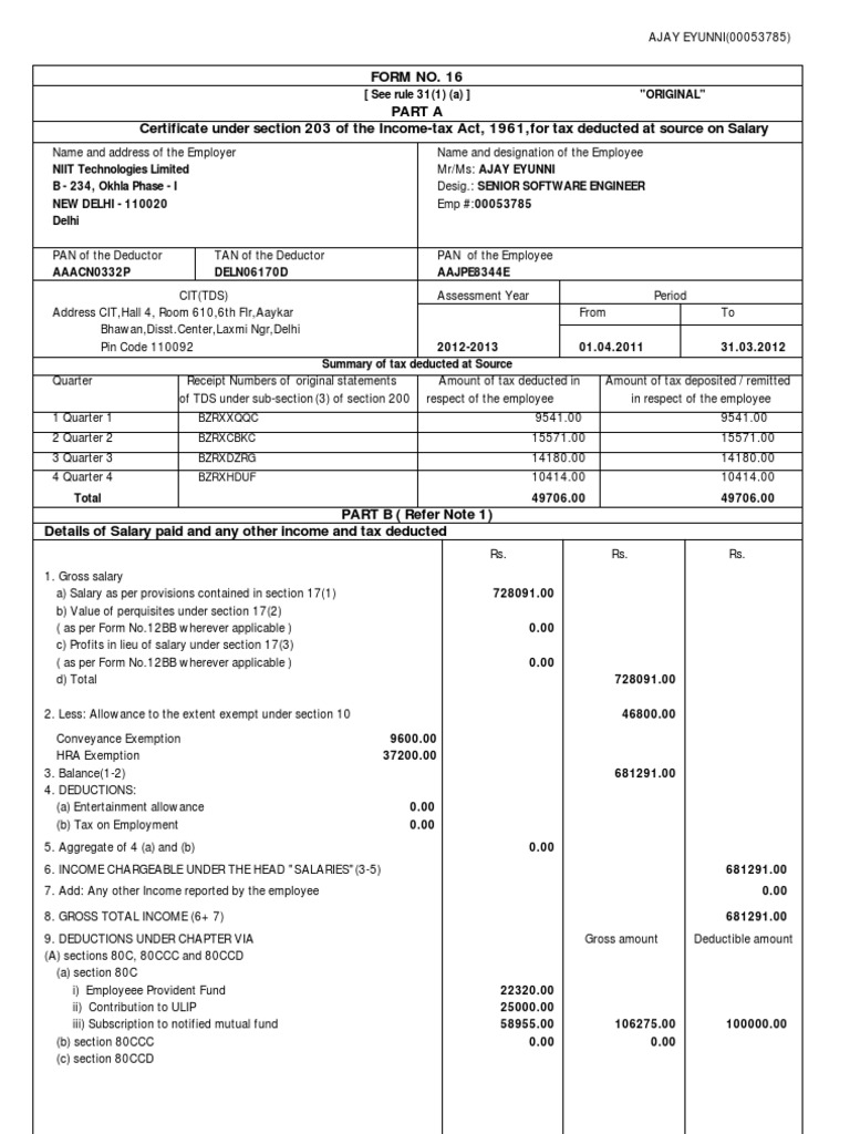Form 16 | Download Free PDF | Employee Benefits | Taxes