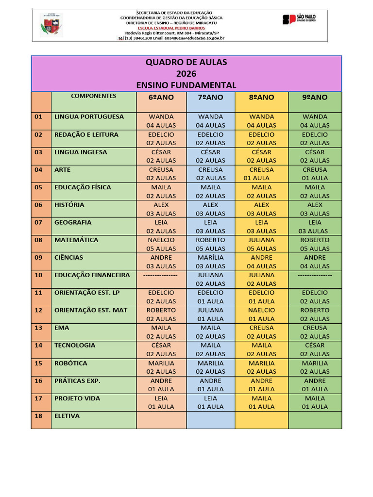 Quadro de Aulas Ef 2026 | PDF | Science