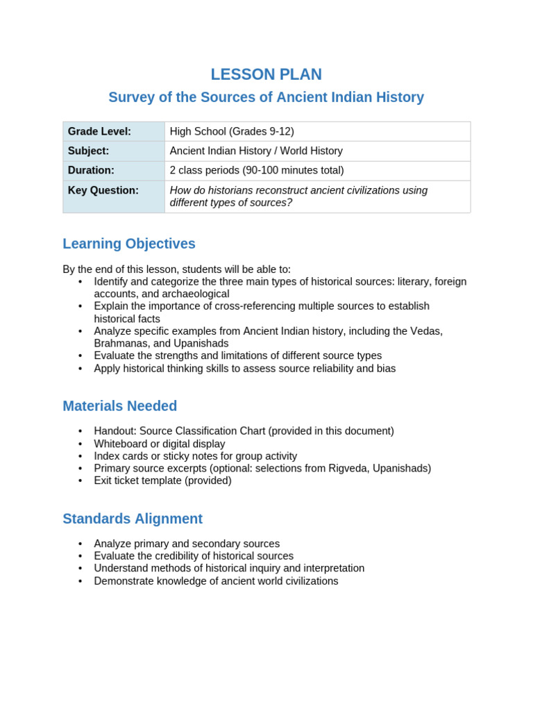 Ancient India Sources Lesson Plan | PDF