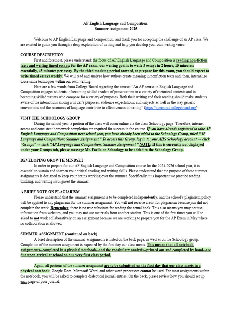 AP English Language Composition Summer Assignment 2025 | PDF | Essays ...