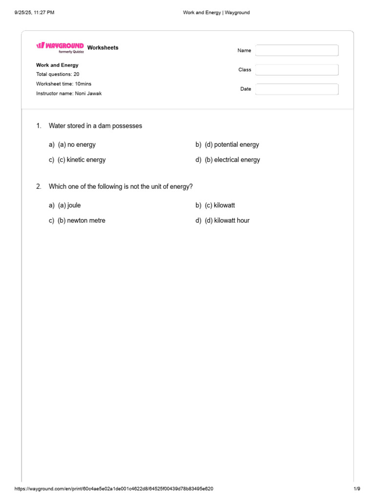 Quizizz - Work and Energy | PDF