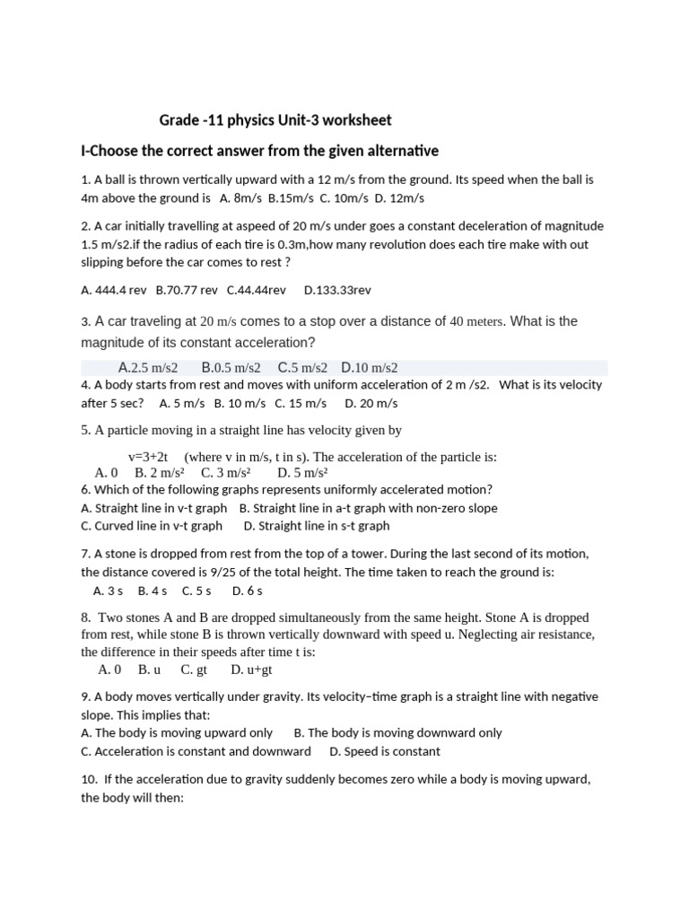 GRADE 11 Physics Unit-3 WS | PDF | Acceleration | Force