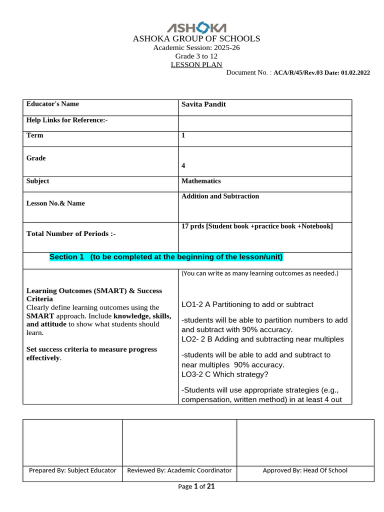 New Lesson Plan Template 2025-26 | PDF | Lesson Plan | Subtraction
