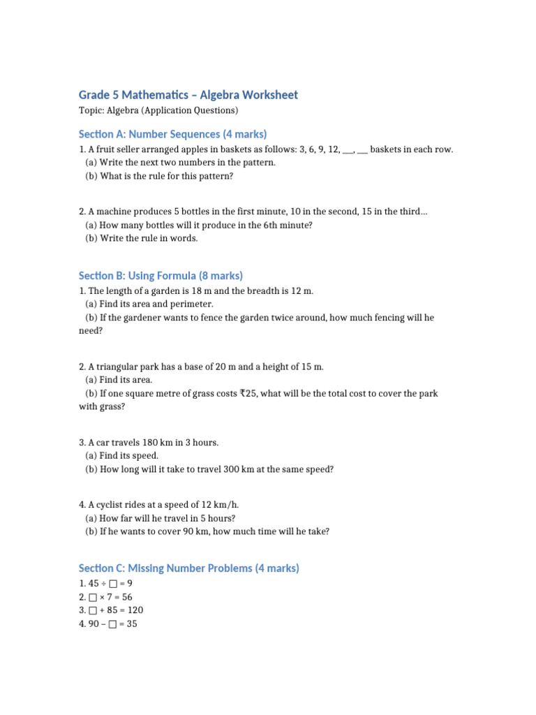 Grade5 Algebra Worksheet | PDF