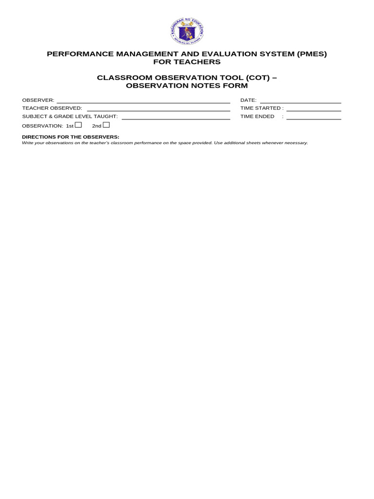 Annex E 4 COT Observation Notes Form | PDF