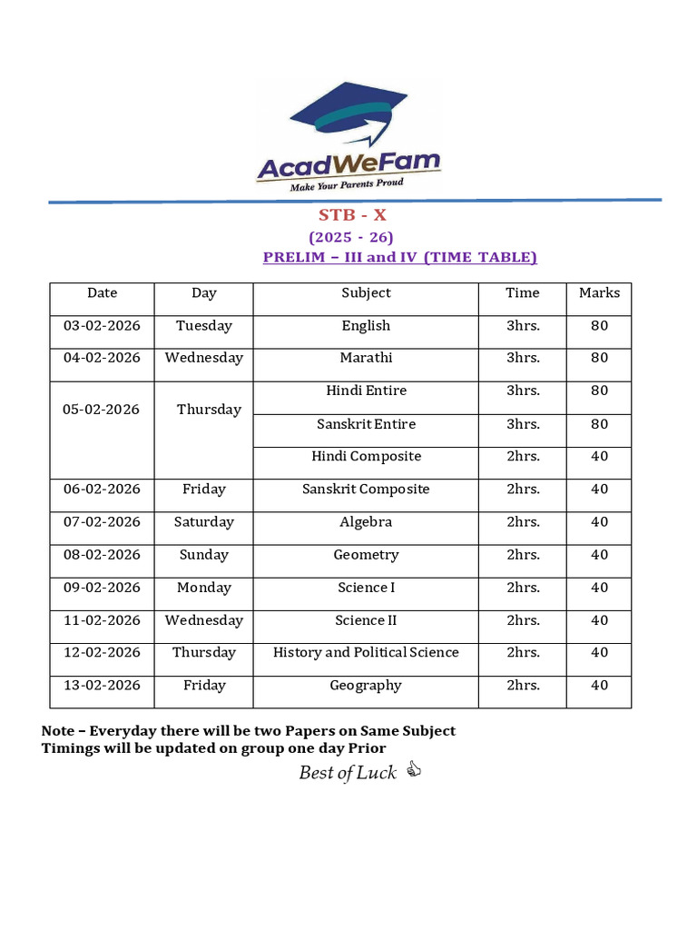 10th - STB - Prelim - III and IV Time Table - 25-26 | PDF