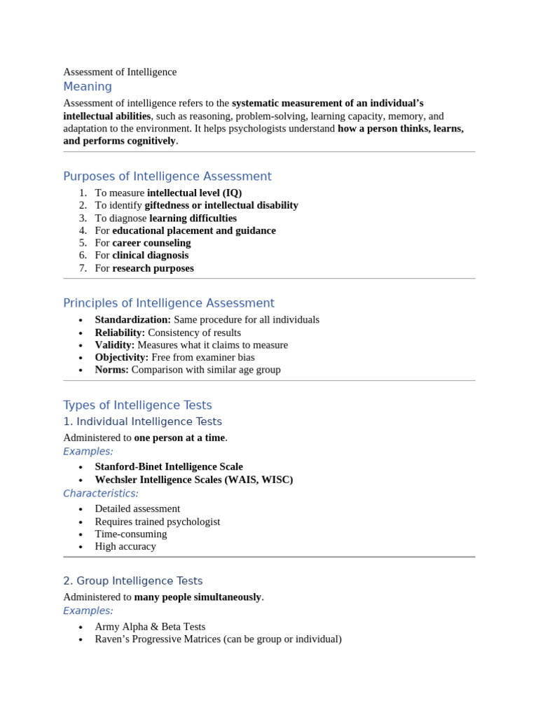 Assessment of Intelligence | PDF | Wechsler Adult Intelligence Scale ...