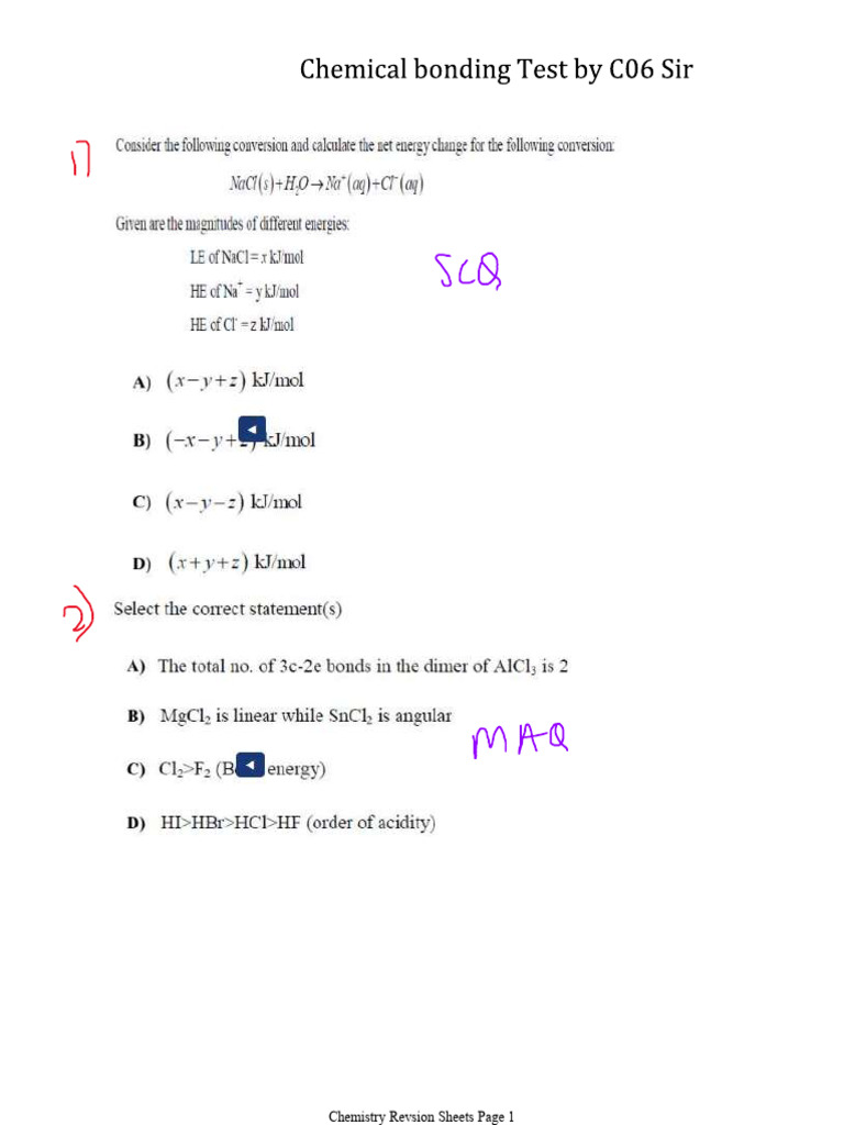 Chemical Bonding Test by C06 Sir | PDF