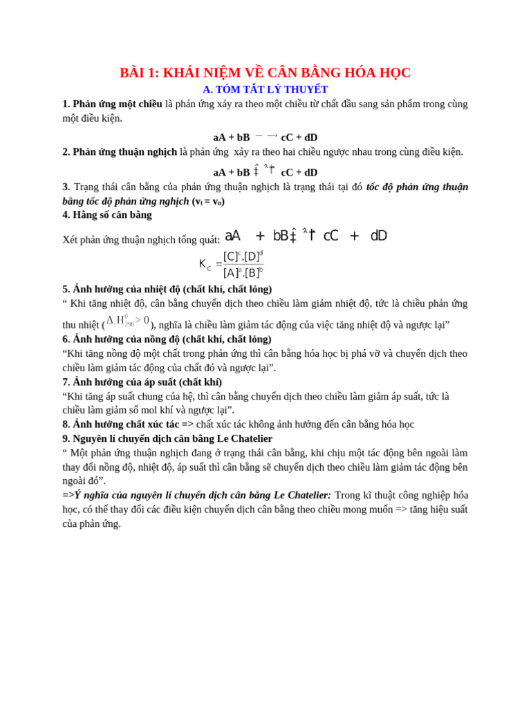 Hoa k11 Tuan 1 Khai Niem Ve Can Bang Hoa Hoc 712202310 | PDF