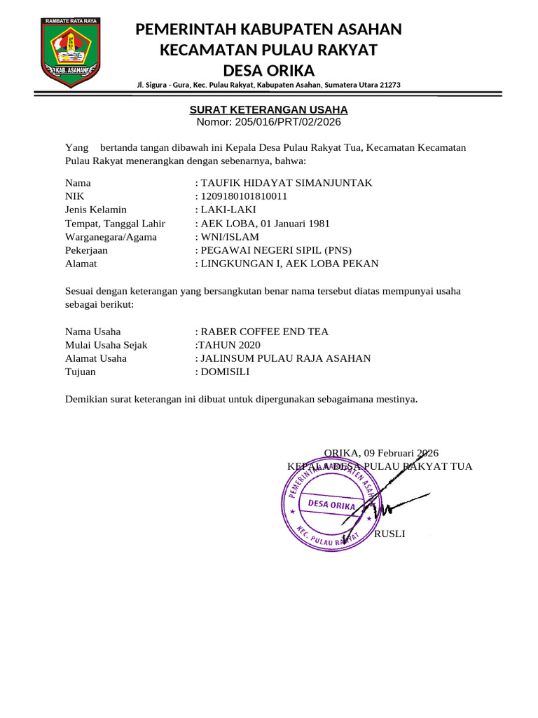Surat Keterangan Berusaha Raber | PDF