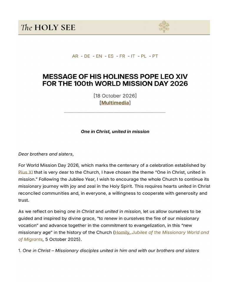 Pope Leo's Message For 2026 World Mission Sunday | PDF