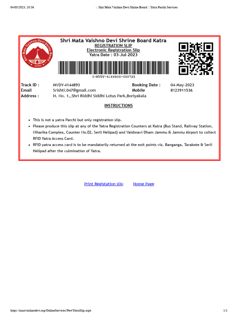 Shri Mata Vaishno Devi Shrine Board - Yatra Parchi Services | PDF