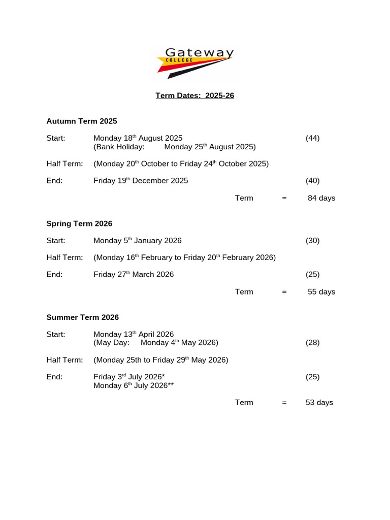 Term Dates For 2025 2026 Web Document | PDF