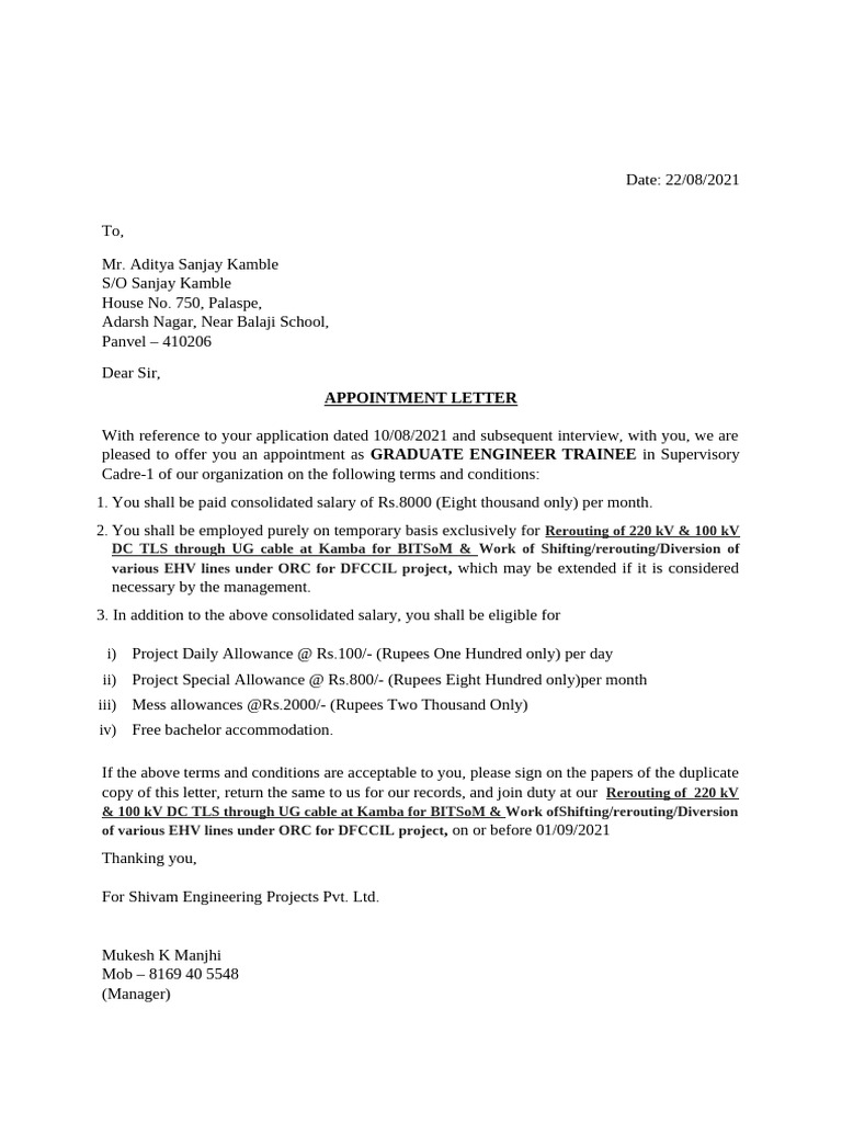Appointment Letter - Aditya Kamble | PDF | Probation | Employment
