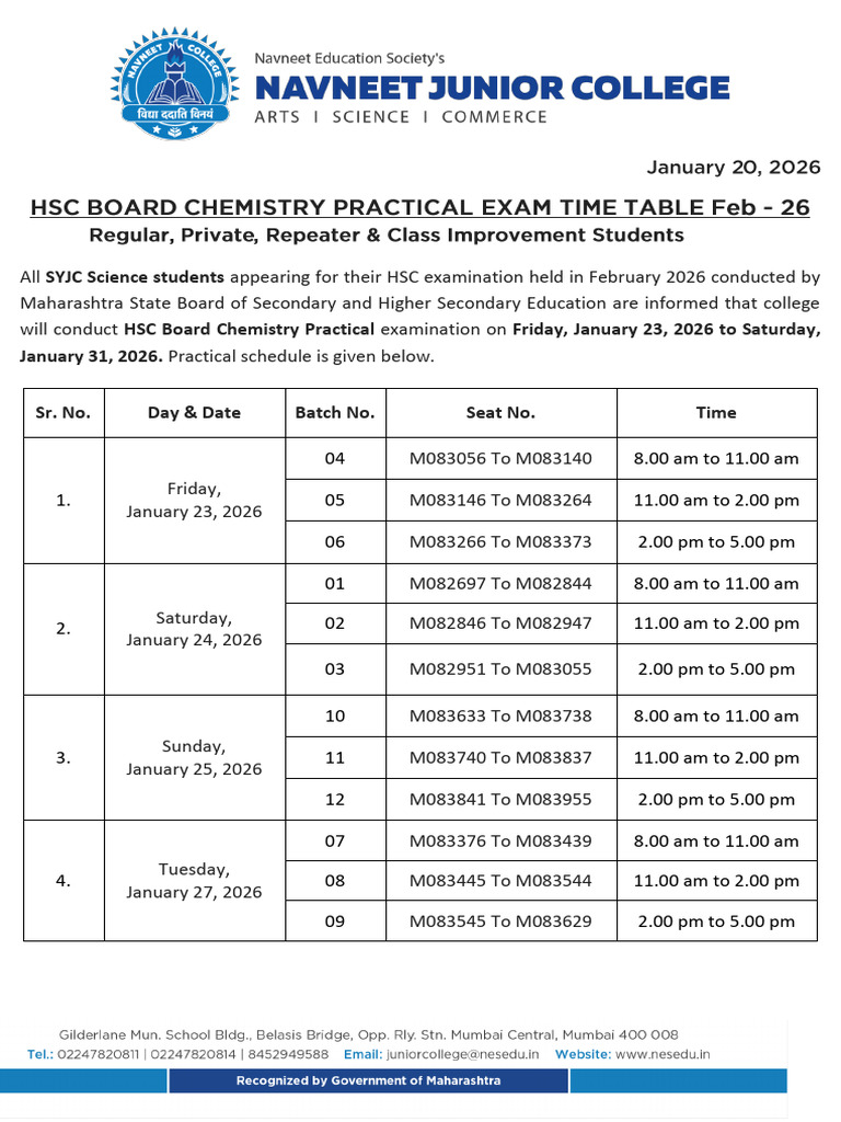 HSC Board Chemistry Practical Schedule Feb 2026 | PDF | Chess Theory ...