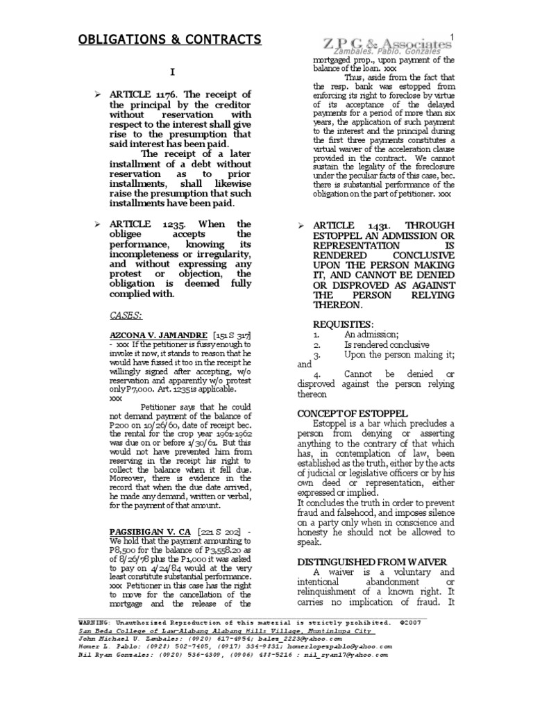 Oblicon Reviewer | PDF | Estoppel | Doctrine