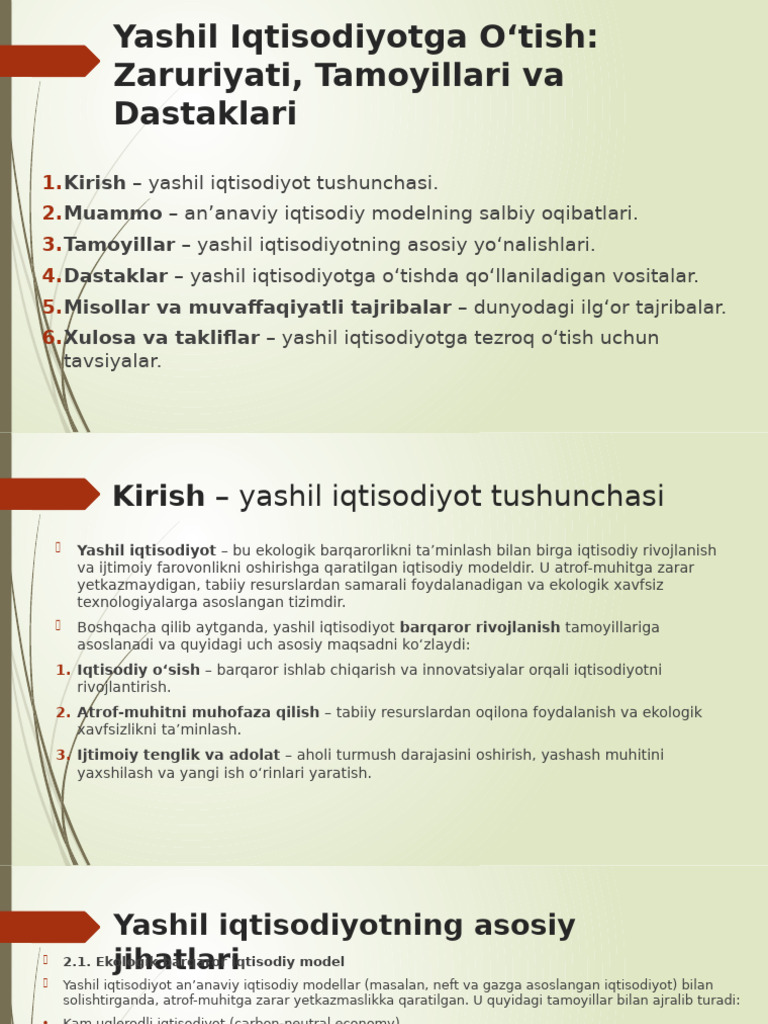 Yashil Iqtisodiyotga O Tish Maruza | PDF