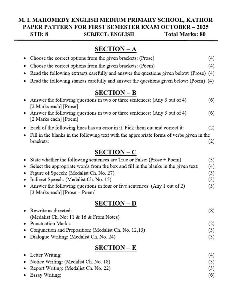 8TH First Semester Exam Syllabus and Paper Pattern | PDF | English ...