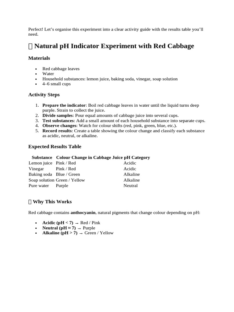 Natural PH Indicator Experiment With Red Cabbage: Materials | PDF