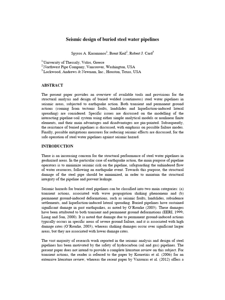 Seismic Design of Buried Water Pipeline Spyros ASCE 2014 | PDF ...