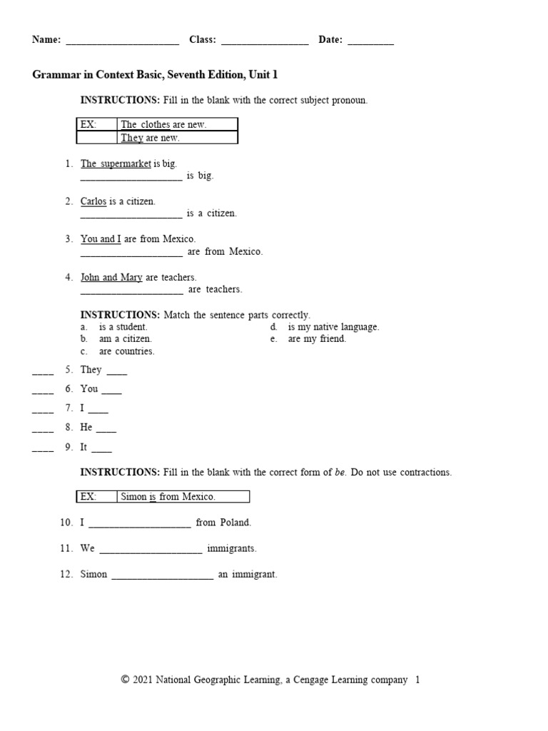 Grammar in Context Basic Ev Unit 1 | PDF | Plural | Morphology